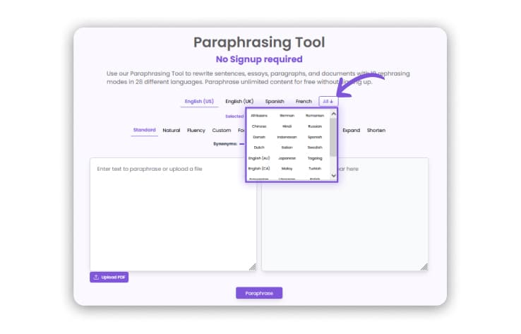 Paraphrasing Tool | 10 rephrasing modes | 28 languages