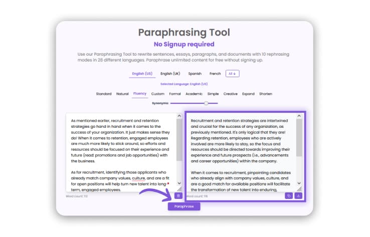 Paraphrasing Tool | 10 rephrasing modes | 28 languages